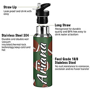RunningBear Custom Brown American Football Water Bottle with Straw Lid Personalized 20oz Insulated Sports Water Bottle Customized Leakproof Water Jug for Working Outdoor