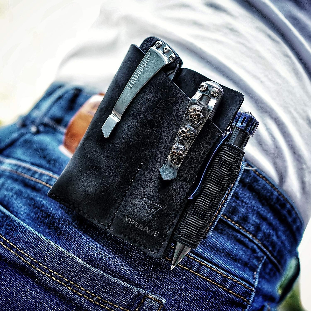 VIPERADE PJ12 Leather EDC Pocket Organizer for Belt, Multitool and Flashlight Holster, Leather EDC Holster with Pen Loop, EDC Leather Knife Sheath with Belt Clip