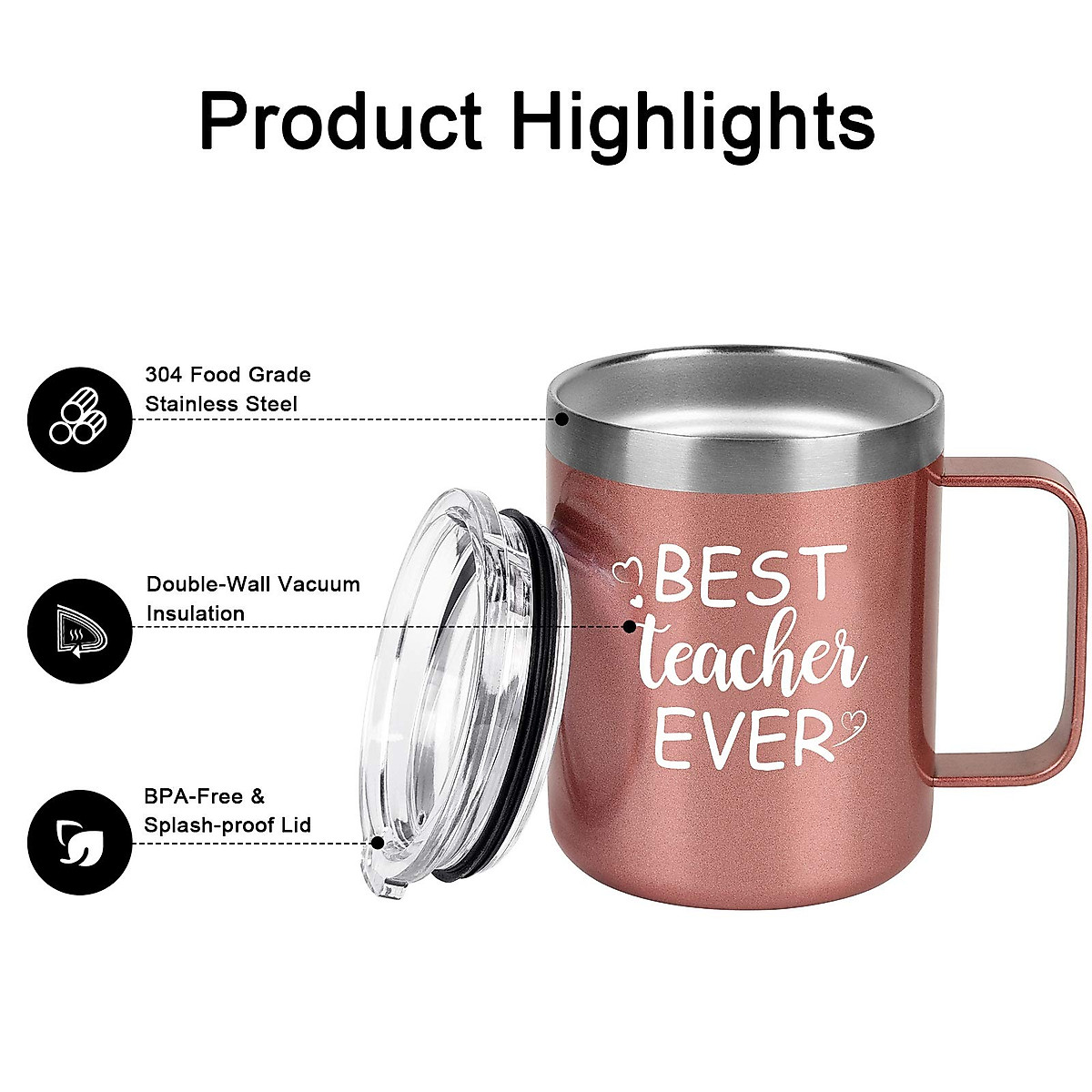 Qtencas Teacher Gifts, Best Teacher Ever Coffee Mug, Thank You Appreciation Gifts for Teachers Women on Birthday Christmas, 12 Oz Stainless Steel Travel Mug, Rose Gold