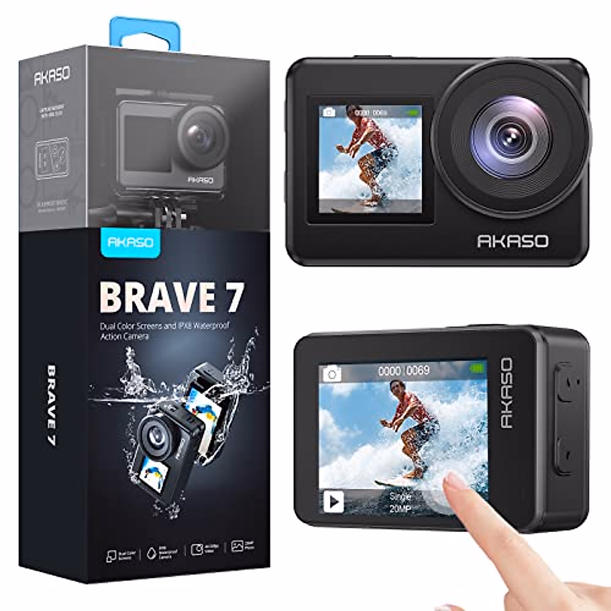 AKASO Brave 7 4K30FPS 20MP WiFi Action Camera with Touch Screen IPX8 33FT Waterproof Camera EIS 2.0 Zoom Support External Mic Voice Control with 2X 1350mAh Batteries Vlog Camera