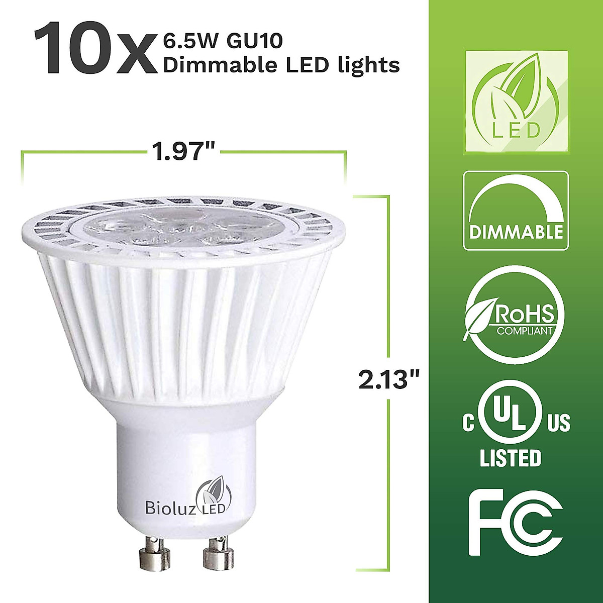 Bioluz LED 10 Pack Commercial Grade GU10 LED Bulb Dimmable 3000K 50W Halogen Replacement 120v UL Listed (Pack of 10)