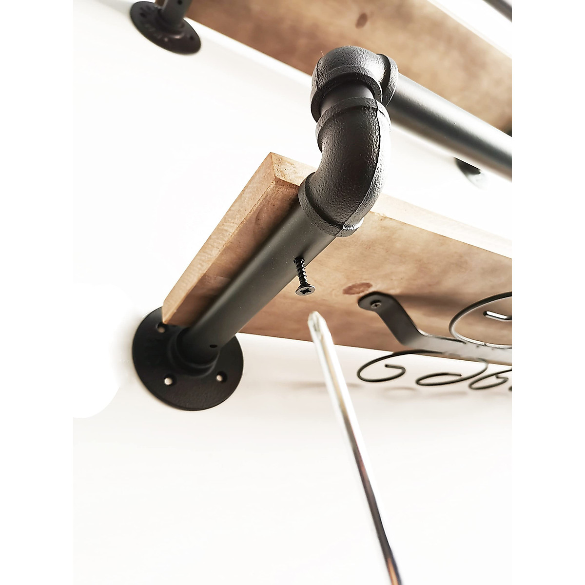 BSTGIFTS Wall Mounted Wine Rack - Wine Bottle Glass Holder - Industrial Pipe Floating Shelves - 2-Tiers Wood Shelf, Storage Shelves