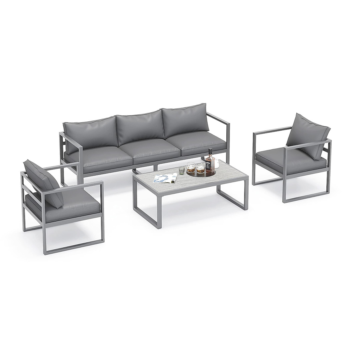 Esplorilo Outdoor Aluminum Metal Patio Furniture Set, 4 Piece Patio Conversation Sectional Sofa Sets with 5 Inch Thick Cushion & Coffee Table, Outdoor Couch Furniture for Patio,Backyard,Grey