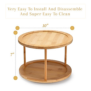 Bamboo Turntable Lazy Susan Rotating Spice Rack - 2 Tier Rotating Spice Rack, Lazy Susan Rotating for Kitchen, Spice Carousel for Cabinets and Pantry - Wooden 2 Tier Lazy Susan Rotating Turntable