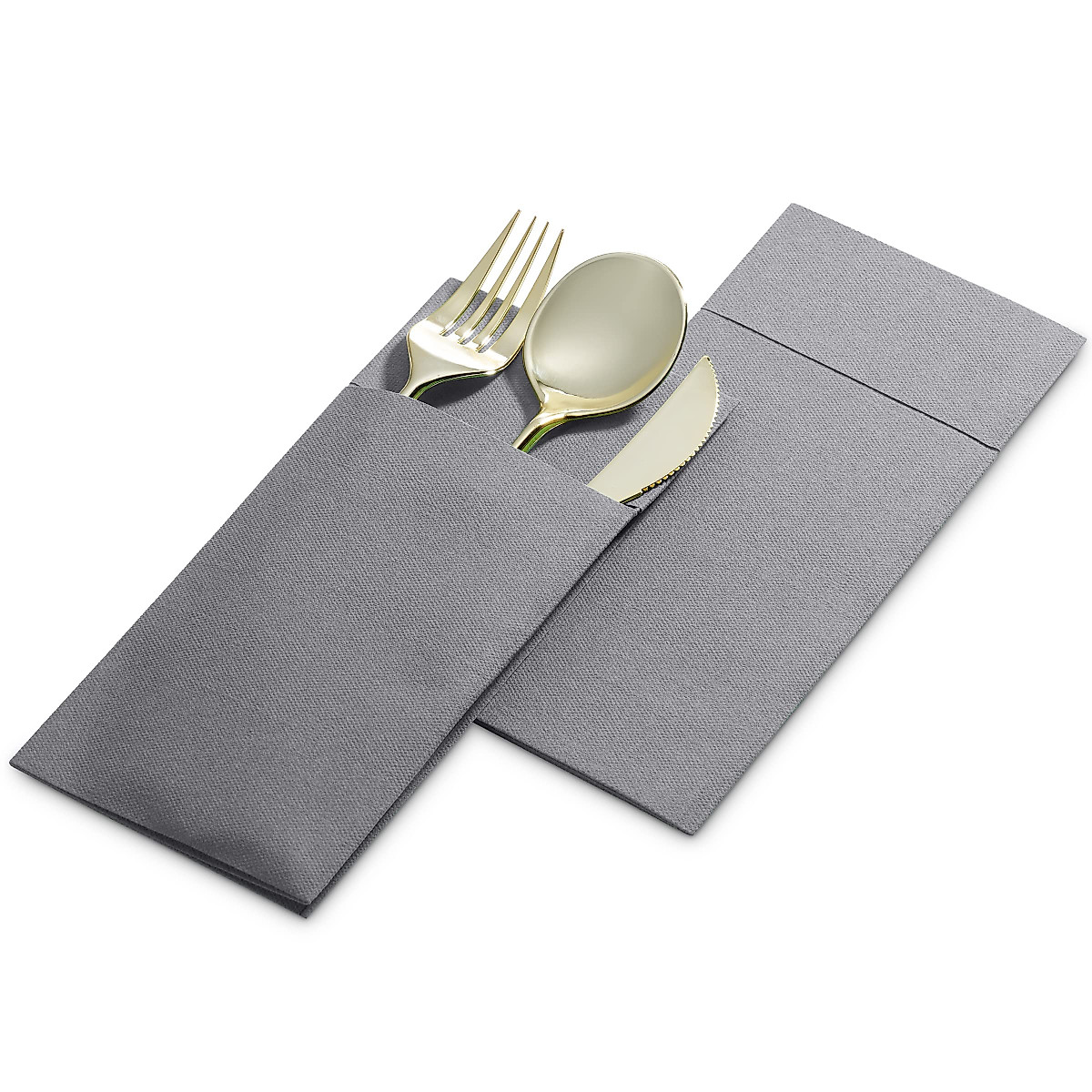 50-Pack Disposable Linen-Feel Dinner Napkins with Built-in Flatware Pocket, GRAY Prefolded Cloth Like Paper Napkins For Dinner, Wedding Or Party [Silverware NOT Included]