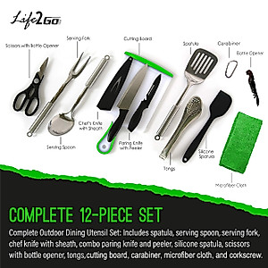 Life 2 Go 10 Pcs Camp Cooking Utensil Set & Outdoor Kitchen Gear Cookware Kit, Portable Compact Carry Case for Camping, Hiking, Travel, BBQ Grilling Stainless Steel Accessories Spoon & Fork, Navy