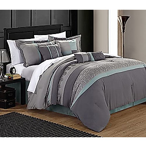 Chic Home 43CK117-AN 8-Piece Euphoria Embroidered Comforter Set, King, Dark Grey/Green