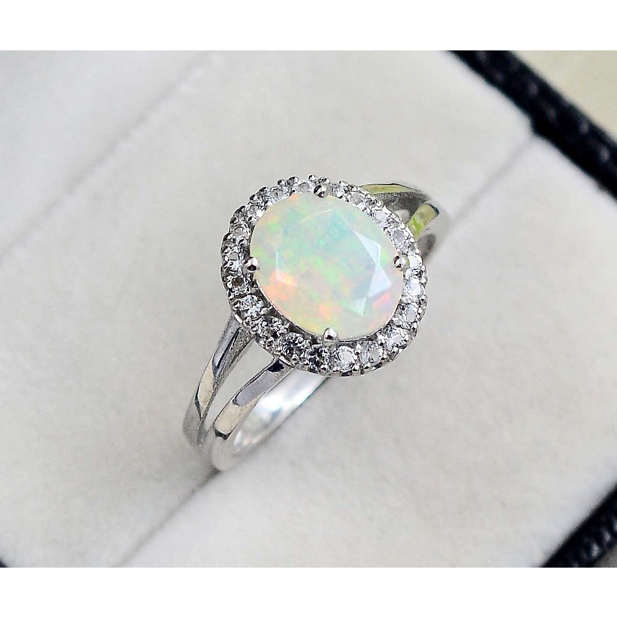 Natural 10X8 MM Welo Ethiopian Opal Cut Gemstone Oval Shape October Birthstone 925 Sterling Silver Solitaire Ring For Bridal Gift (Rhodium Plated Silver, 8)