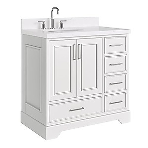 ARIEL Stafford 36" Grey Bathroom Vanity, 1.5" Edge Carrara White Quartz Countertop & Splash, Left Oval Sink, 2 Soft Closing Doors, 5 Full Extension Dovetail Drawers, Brushed Nickel