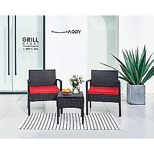 Outdoor Chairs Set Bistro Set 3 Pieces Patio Conversation Set Furniture Set for Small Balcony Rattan Chairs and Table with Cushions Red