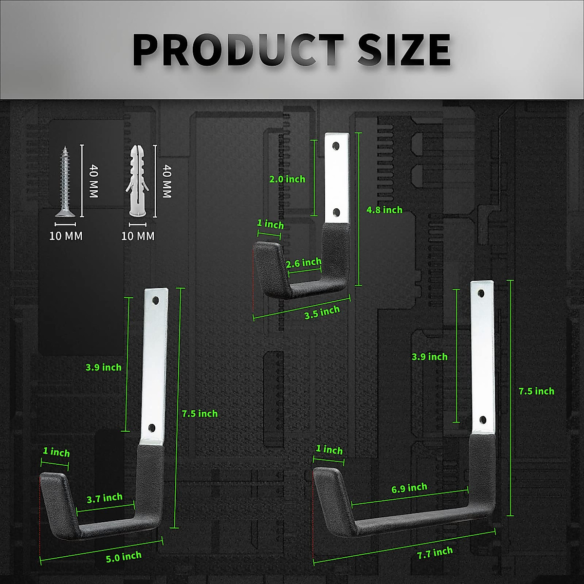 PYBTOOL Metal Utility Hooks Heavy Duty, Garage Wall Storage Hooks, Ladder Hooks, Wall Mount Steel Hooks for Garage, Garden, Tools Storage, Multi-Size(6 Pack)