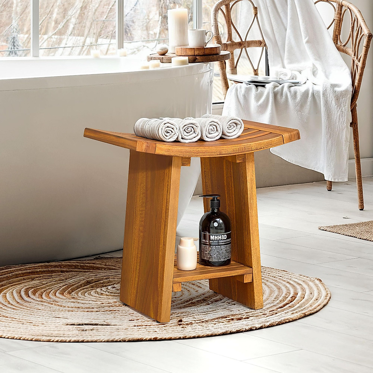 DWVO Teak Shower Bench with Storage Shelf for Shaving Legs Foot Rest, 18'' Solid Wood Shower Stool Bath Wooden Seating Bench for Shower with Non-Slip Feet, Easy Assembly for Indoor and Outdoor Use