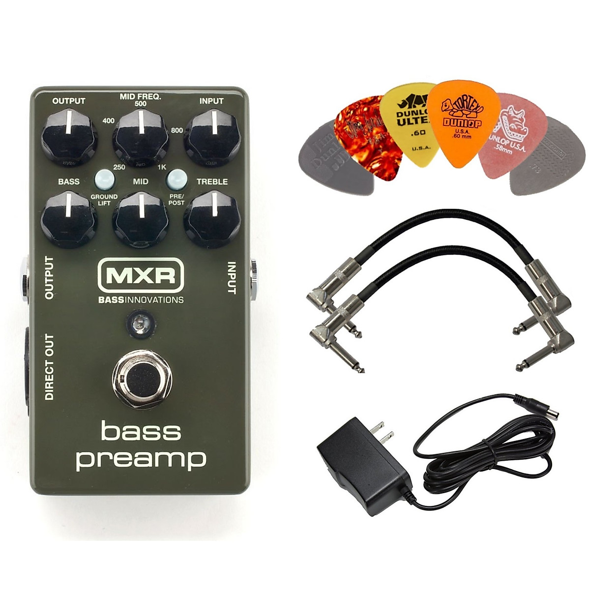 MXR M81 Bass Preamp Pedal Bundle with 9V Power Supply, 2 Patch Cables and 6 Dunlop Picks