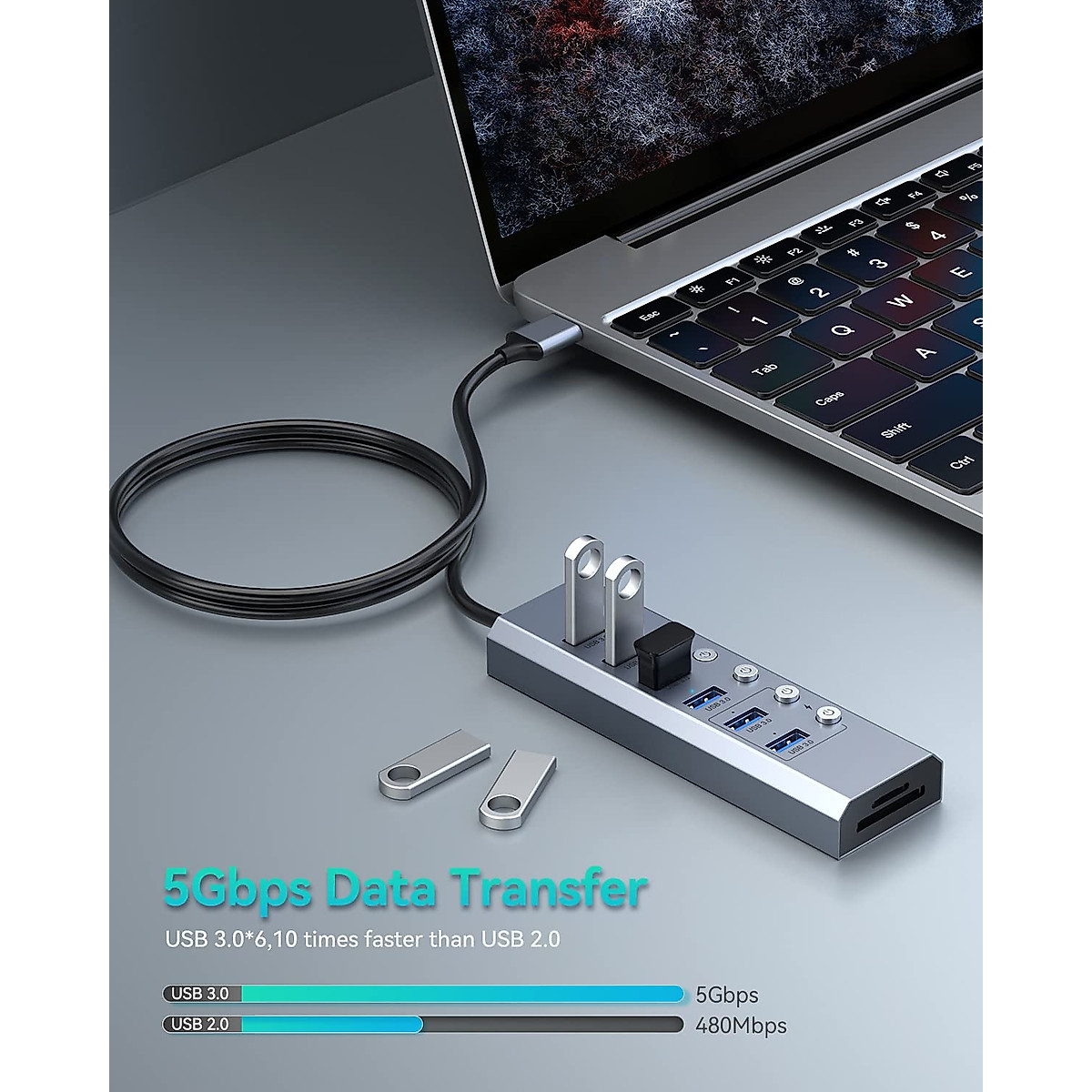 Powered USB 3.0 Hub, Elecife 8-Port Powered USB Hub, Aluminum USB Splitter with 6 USB 3.0 Data Ports, SD/TF Card Readers, Individual On/Off Power Switches and 5V/3A Power Adapter (42 inch)