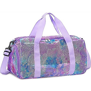 CAMTOP Mesh Travel Duffle Bag for Kid Girls Boys Small Overnight Weekender Sleepover Bags Carry On Dance Sport Bag with Shoe & Wet Compartment for Swim Beach Camp Travel
