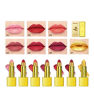 BEUKING Gold Lipstick Velvet Nude Red Pink Lip Tint Non-Smudge High Pigment Not Fade Smooth Long-Lasting Wear Non-Stick Cup Waterproof Matte Lady Lip Gloss for Girl Women Lady Daily Lip Makeup (#7)
