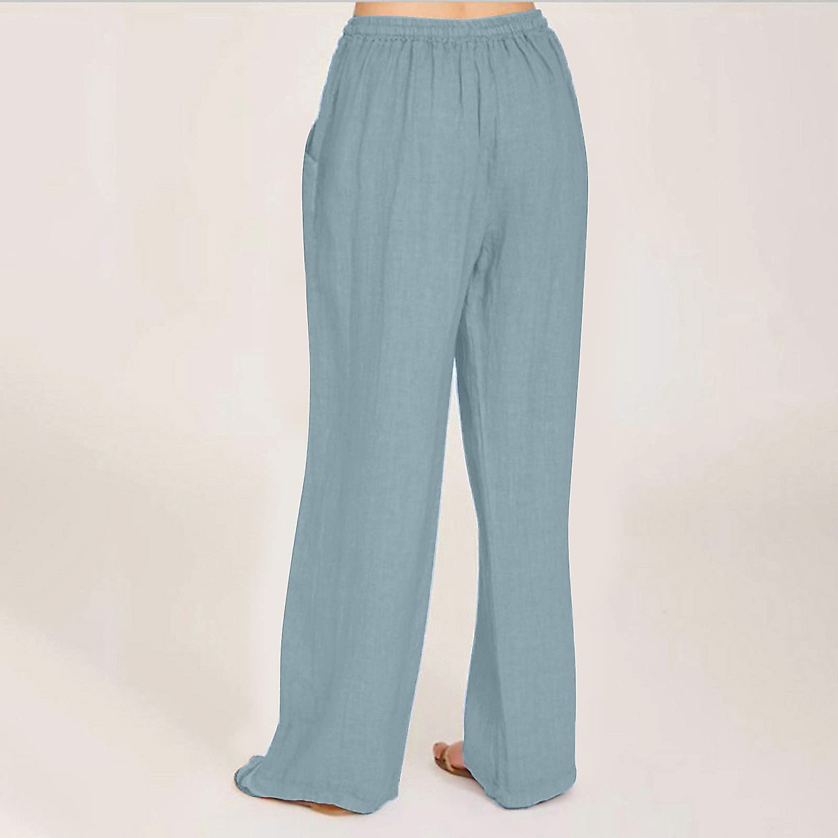 PETYCZEN Women's Cotton Linen Pants Summer Casual Elastic Waist Straight Leg Sweatpants Relaxed Fit Drawstring Wide Leg Pants Loose Beach Palazzo Pants Trousers with Pockets(C-Light Blue,X-Large)