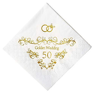 Crisky 100 Pcs Napkins for 50th Wedding Anniversary Beverage Napkins 3-Ply Gold Foil Cocktail Napkins for Wedding Anniversary Shower