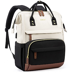 LOVEVOOK Laptop Backpack for Women, 15.6 Inch Work Business Backpacks Purse with USB Port, Large Capacity Teacher Nurse Bag College Bookbag, Waterproof Casual Daypack for Travel,Black-White-Brown