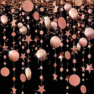 Rose Gold Party Decoration Rose Gold Star Circle Dot Hanging Garland Rose Gold Hanging Streamer Decorations Glitter Star Bunting Banner Backdrop for Wedding Anniversary Baby Shower Birthday Christmas