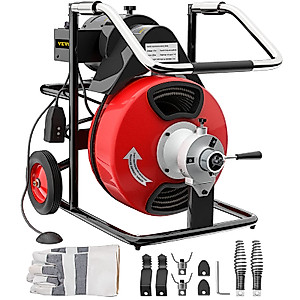 VEVOR Drain Cleaner Machine 100ftx1/2in Electric Drain Auger 550W Sewer Snake Drill Machine, fit 1 Inch (25mm) to 4 Inch(100mm) Pipes, w/Wheels, Cutters, Foot Switch
