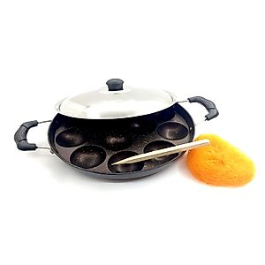YADNEH Nonstick Appam Maker 12 Pits Aluminum Appam Patra With Stainless Steel Lid Appa Chetty Paniyaram Pan Patra 1 Spatula 1 Scrubber