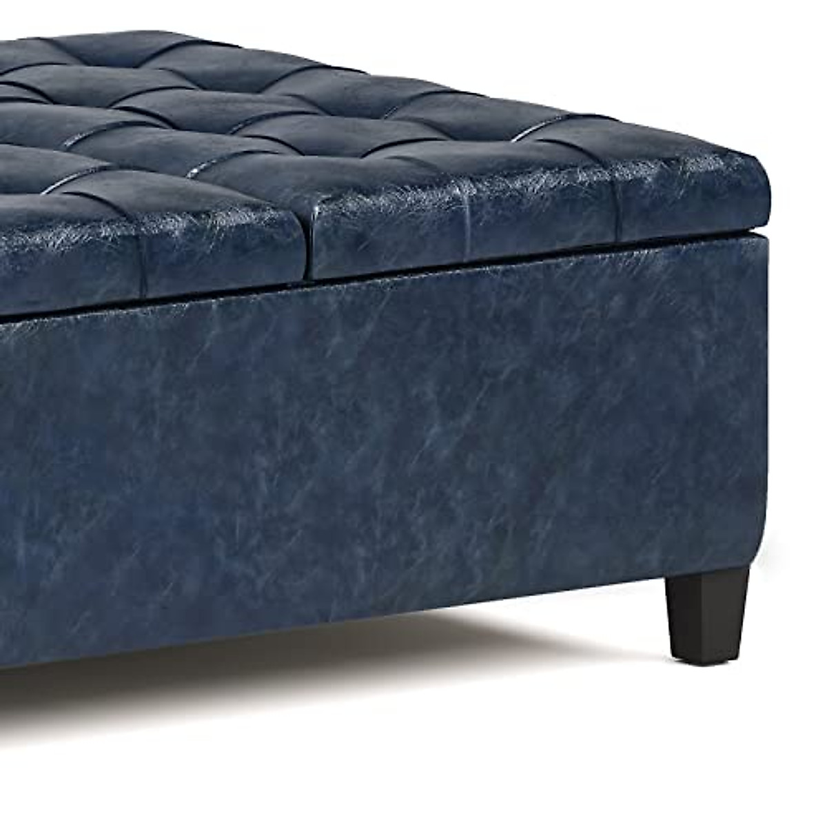 SIMPLIHOME Harrison 36 inch Wide Transitional Square Coffee Table Storage Ottoman in Denim Blue Vegan Faux Leather, Assembled, For the Living Room and Bedroom