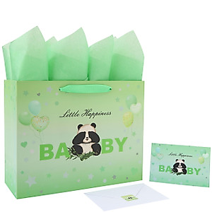 13” Large Baby Boy Girl Gift Bag Set with Handles, Greeting Card, Tissue Papers and Stickers for Baby Shower, Kids’ Birthday Party, Green Balloons Panda Design, 1 Pcs
