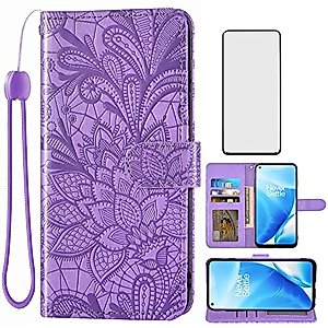 Asuwish Phone Case for OnePlus Nord N200 5G with Screen Protector and Lace Wallet Cover Flip Card Holder Stand Cell Accessories One Plus N 200 G5 1 Plus 200N 1plus One+ 1+ N2005G 2021 Women Men Purple