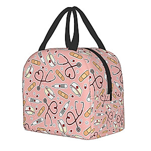 antcreptson Nurse Print Pink Lunch Bag Tote Bag Lunch Bag for Women Lunch Box Insulated Lunch Container