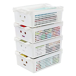 Saedy 4 Packs Plastic Baskets with Handle, Stackable Basket Organizer Bin, White