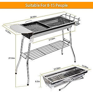 TeqHome Portable Charcoal Grill, Upgraded Folding Large Barbecue Charcoal Grill W/Board Shelf & Flavoring Storage Basket, Stainless Steel Frame, for 8 People Picnic Garden Terrace Camping Travel Use