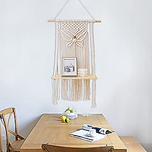 BIGEBO Macrame Wall Hanging Shelf, Handmade Hanging Shelves Floating Wood shelve Butterfly Wall Decor for Bedroom Living Room Boho Bathroom Decor Plants (White)