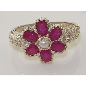 LetsBuyGold 925 Sterling Silver Cultured Pearl and Ruby Womens Anniversary Ring - Size 10.5