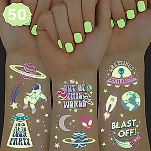 xo, Fetti Space + Planets Glow in Dark Temporary Tattoos for Kids - 50 pcs | Alien Birthday Party Supplies, Astronaut Favors + Rocket ship Decorations