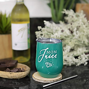 Mom Stainless Steel Wine Tumbler - 12oz with Steel Straw, BPA Free Lid, & Straw Cleaning Brush - Stemless Insulated Wine Tumbler with Lid - Gift for Mothers who Love Coffee, Tea - Mom Juice