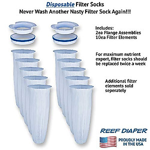 Reef Diaper Disposable Filter Socks, Replaces Standard 4" Felt Socks, Freshwater and Saltwater Compatible, Starter Kit Includes 2ea Flange Assemblies & 10ea Filter Elements