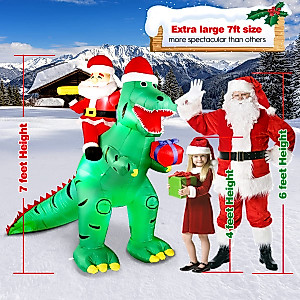 LEITAO 7FT Inflatable LED Santa Dinosaur Christmas Decoration - Giant Holiday Blow Up Decor for Indoor & Outdoor