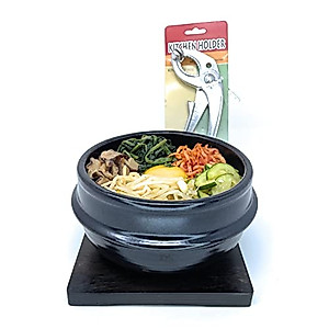 Jovely Korean Cooking Premium Ceramic Stone Bowl(Dolsot or Ddukbaegi) Diameter 6.3'' High 2.95'' Sizzling Hot Pot for Korean food such as Bibimbap and Soup (with Wood Tray and Special Bowl Tong Set)
