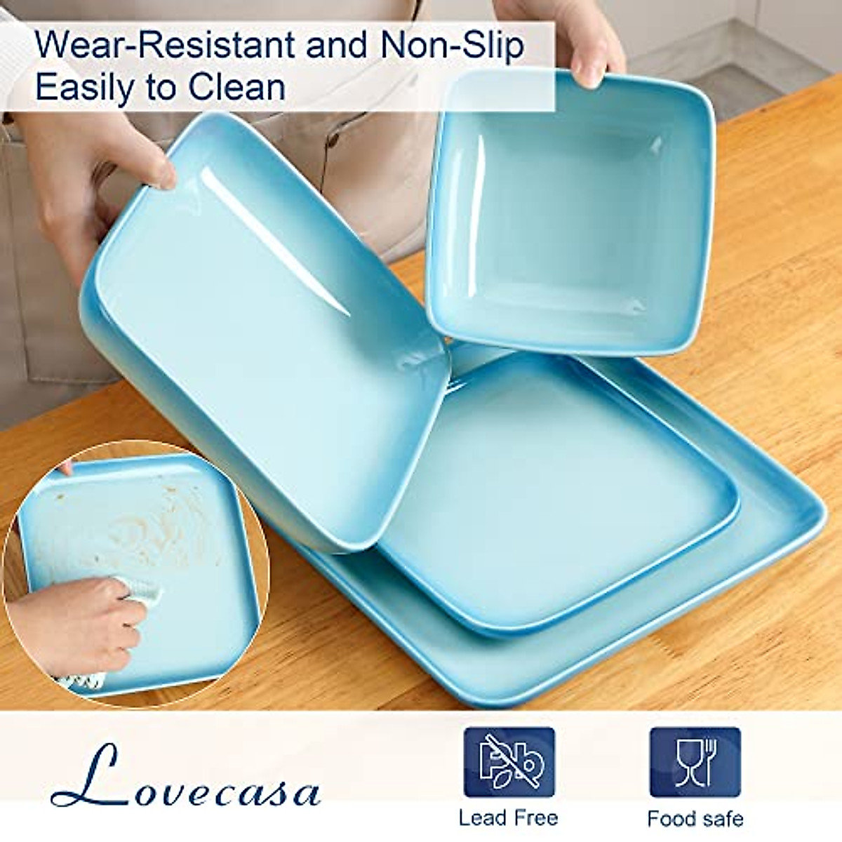 LOVECASA Square Dinnerware Sets for 4, 16 PCS Gradient Dishes Set,Stoneware Dinner Plates/Dessert Plates/Soup Plates/Cereal Bowls,Gradient Sky Blue