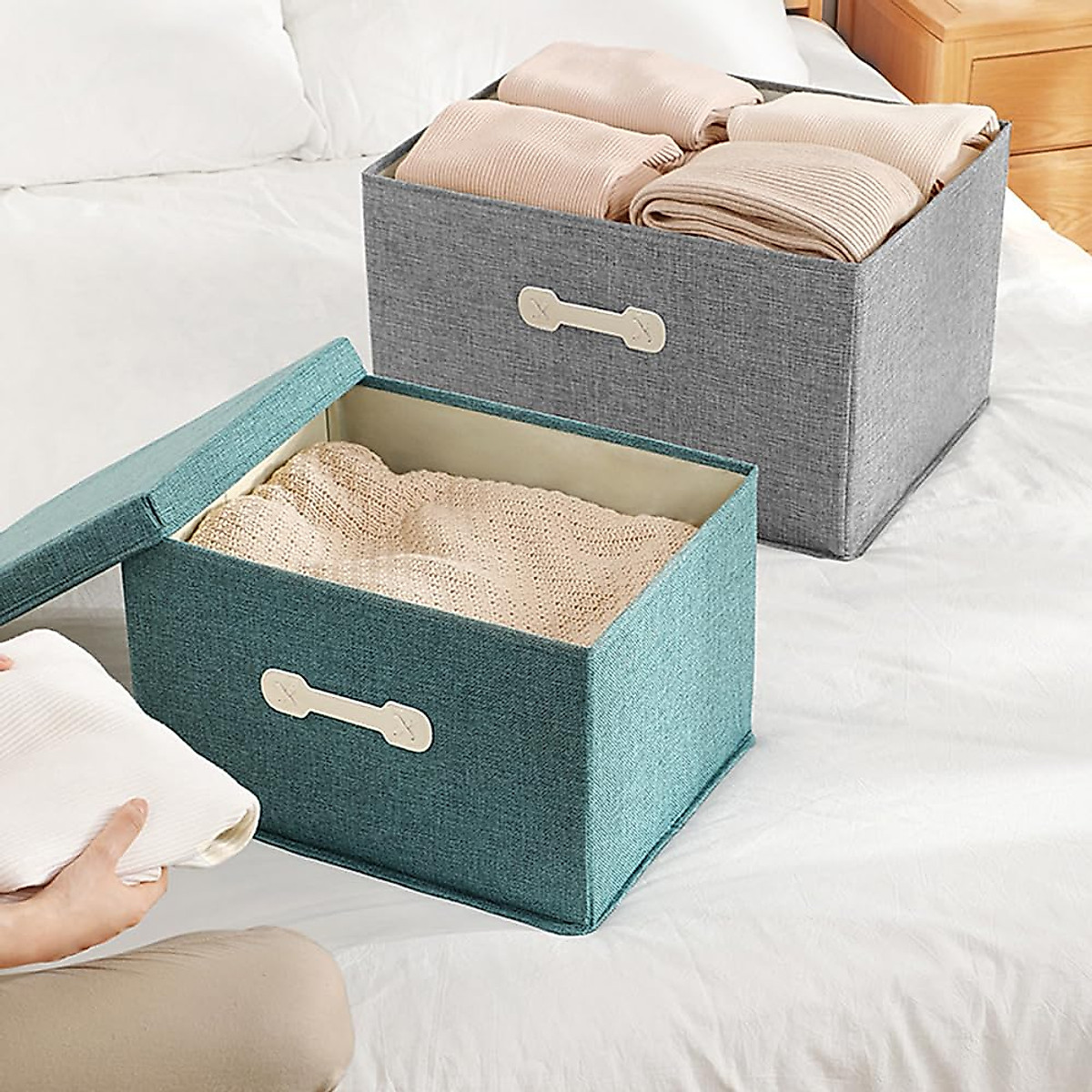 Molizhi Foldable Storage Box with Lid Cotton and Linen Storage Box with Lid Cube Clothes Storage Box Bedroom Closet Storage Box with Lid Handle Storage Box (Green, 35 * 28 * 18CM)