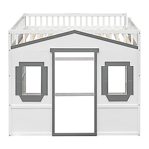 Harper & Bright Designs Full Size House Loft Bed for Kids, Wood Full Loft Bed with Door and Windows House Design, Playhouse Bed Full with Underbed Space for Girls Boys Bedroom, White +Grey