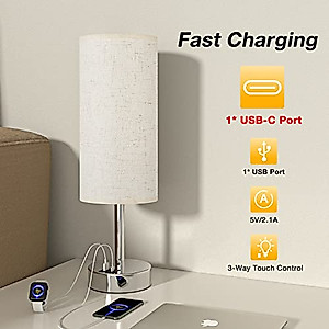 Touch Table Lamps for Bedroom Nightstand - Bedside Lamps with USB-C USB-A Charging Ports White, 3 Way Dimmable Control Small Lamp Fabric Shade Silver Base for Bedroom, Office, Living Room, Reading
