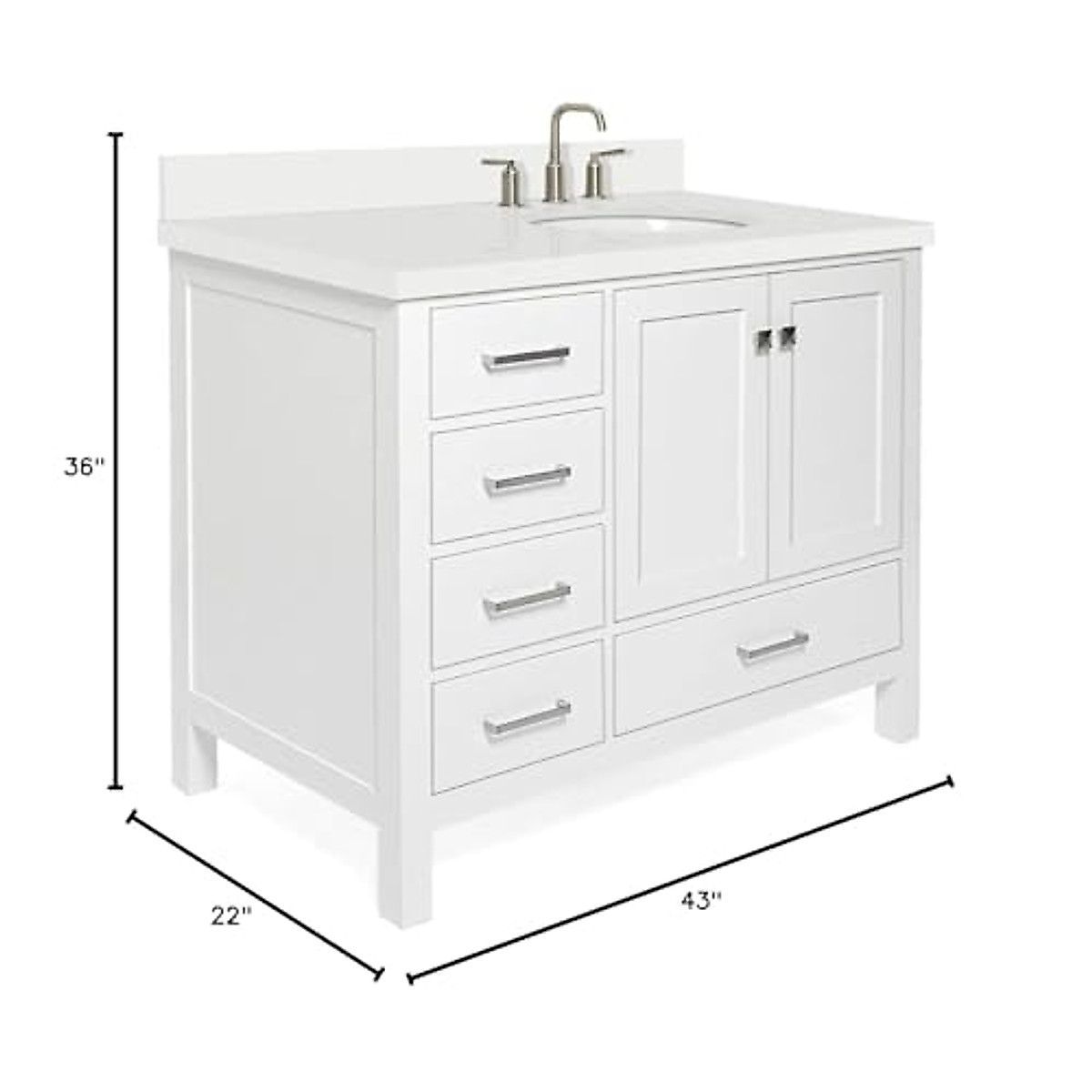 ARIEL Cambridge 43 Inch White Bathroom Vanity with Sink, 1.5" Edge Quartz Countertop, Solid Wood, Right Oval Sink, 2 Soft Closing Doors, 5 Full Extension Dovetail Drawers