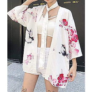 LAI MENG FIVE CATS Women's Floral Print Puff Sleeve Loose Blouse Japanese Kimono Cover up Casual Cute Tops