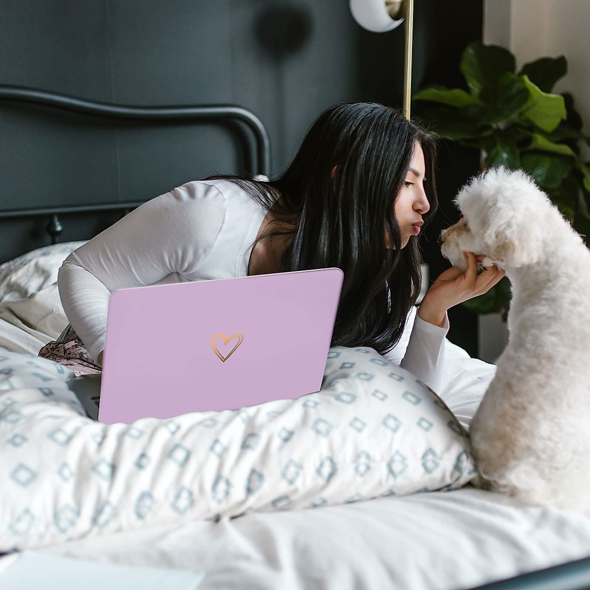 Seorsok Compatible with MacBook Air 13 Inch Case 2020 2019 2018 Release A1932 A2179 M1 A2337 Touch ID, Gold&Cute Heart Pattern Plastic Hard Shell Case with Keyboard Cover,Purple