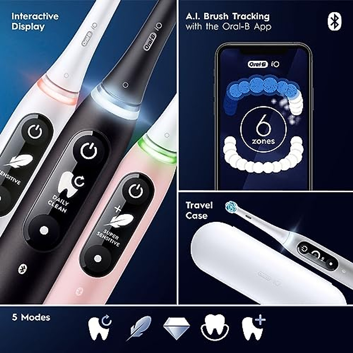 Oral-B iO Series 6 Rechargeable Electric Toothbrush with Visible Pressure Sensor to Protect Gums, 2 Minute Timer, 5 Cleaning Settings, 1 Replacement Toothbrush Head, and Travel Case, Black