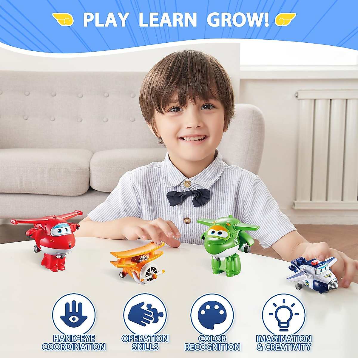 Super Wings 2" Transform-A-Robots 4 Pack Jett, Paul, Mira, and Grand Albert, Airplane Toys Mini Action Figures, Transformer Toys for 3+ Years Old Boys and Grils