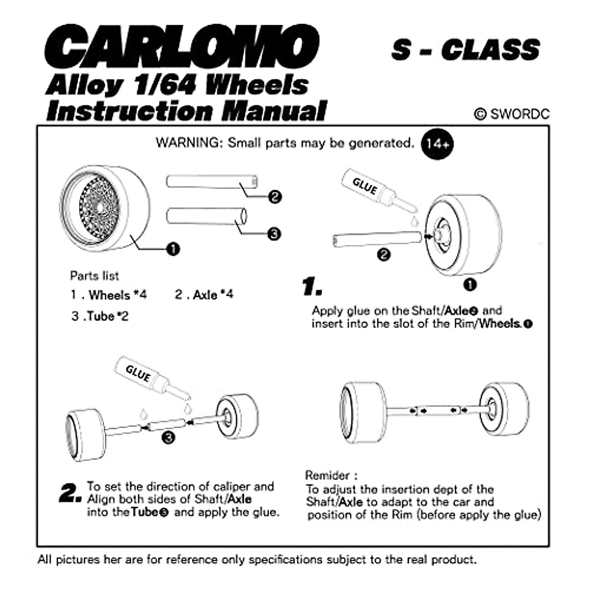 Carlomo 1/64 Scale Mini Alloy Wheels Tires with Axles S-Class Detail Up Kits for Professional Modified Diecast Model Vehicle Kit (S04-F)