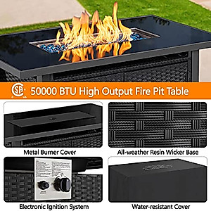 Topeakmart Fire Pit 43in Propane Fire Pit Table 50,000 BTU with Wicker Base, Extra Storage Space, Tempered Glass Tabletop, Fire Glass Beads and Protective Cover for Patio/Yard/Garden